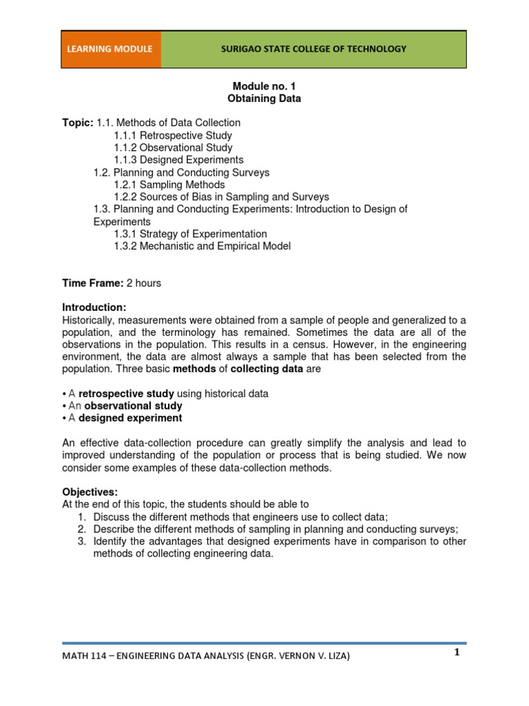 Module 1 EE Data Analysis | PDF | Sampling (Statistics) | Experiment