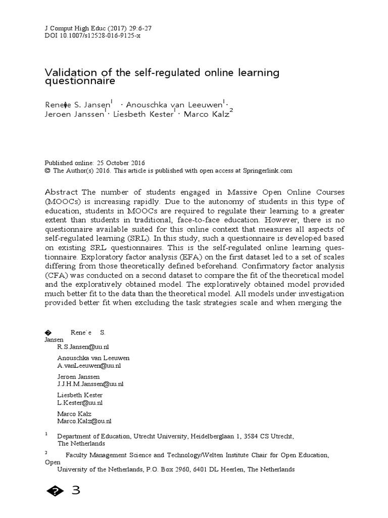 Validation of The Self-Regulated Online Learning Questionnaire | PDF | Massive Open Online ...