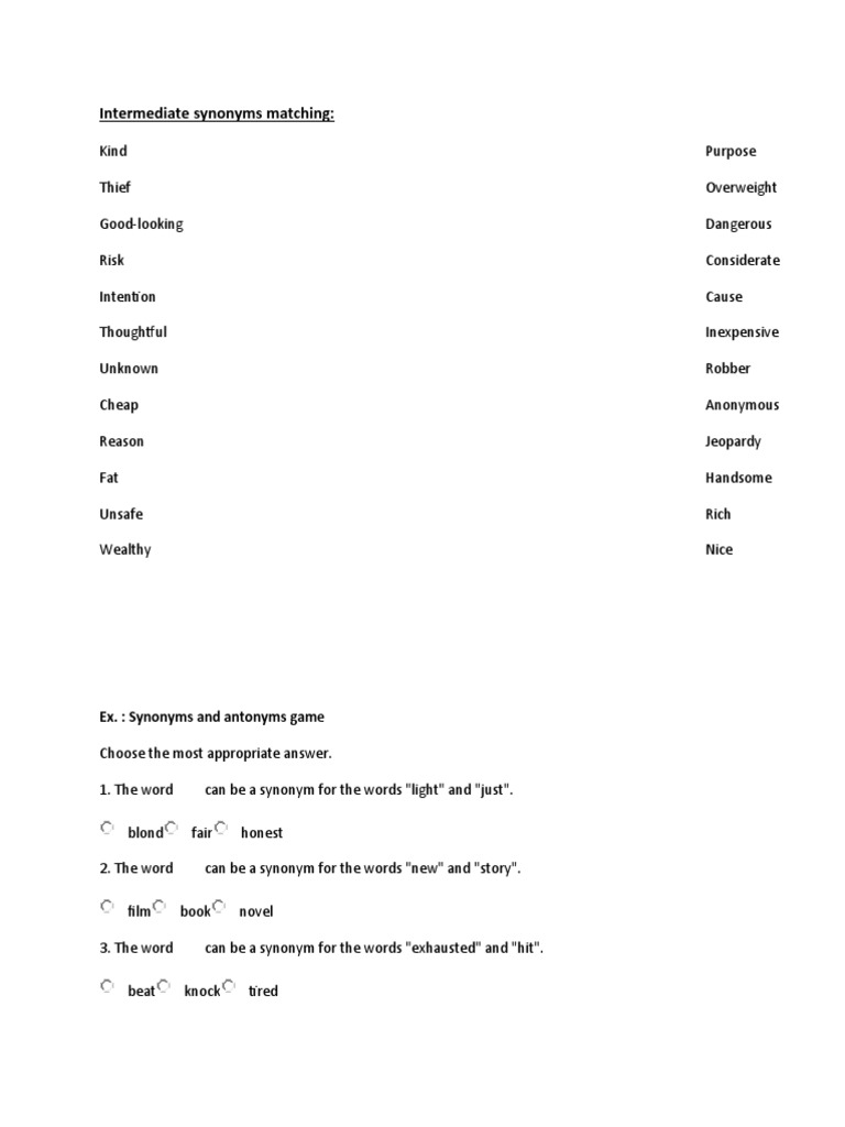Intermediate Synonyms Matching:: Ex.: Synonyms and Antonyms Game | PDF ...
