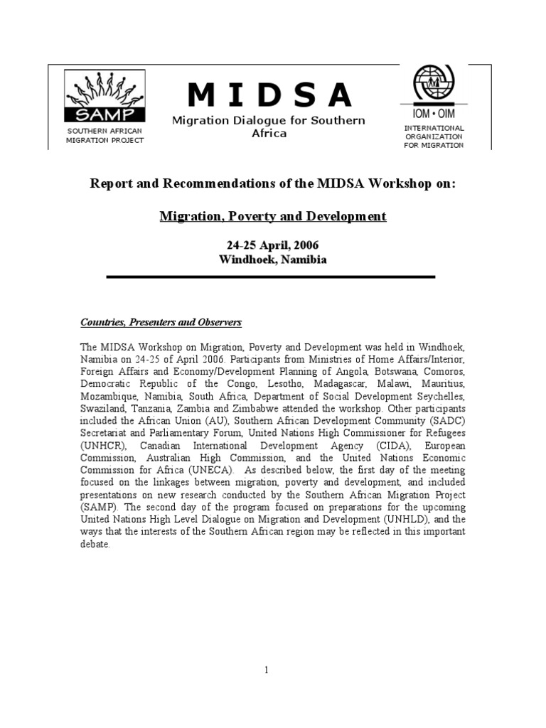 Midsa: Report and Recommendations of The MIDSA Workshop On: Migration ...