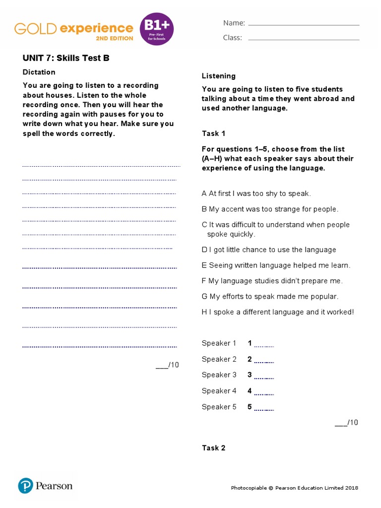 UNIT 7: Skills Test B: Photocopiable © Pearson Education Limited 2018 | PDF