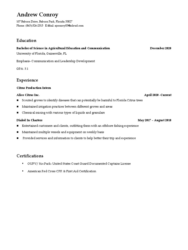Andrew Conroy: Agricultural Education Resume | PDF