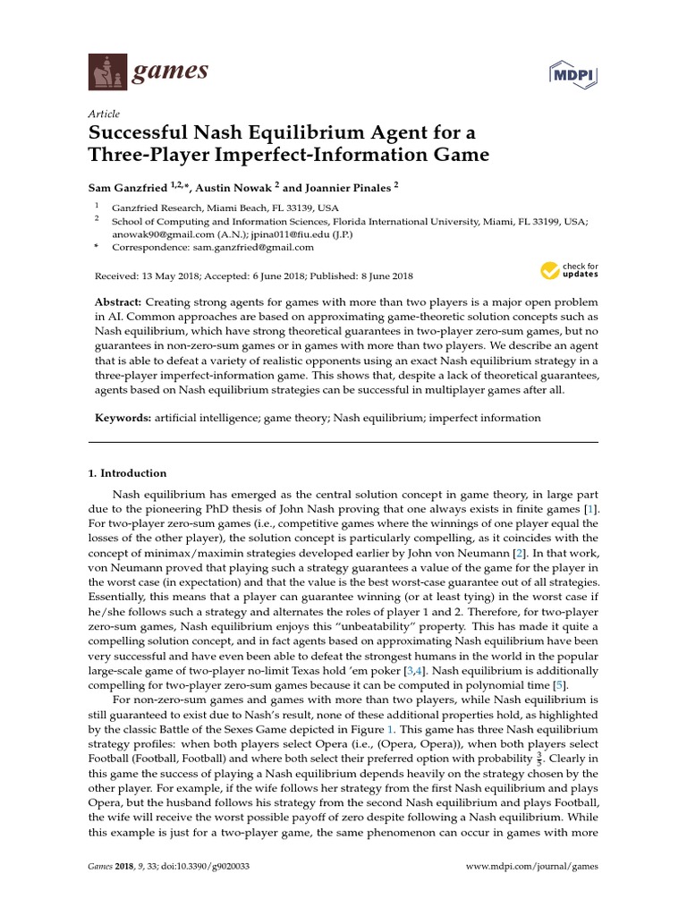 Games: Successful Nash Equilibrium Agent For A Three-Player Imperfect-Information Game | PDF ...