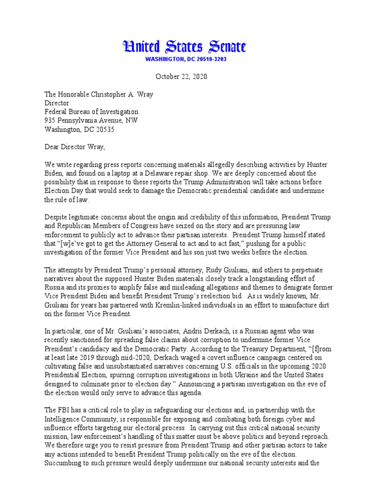 Wyden Schumer Letter To Wray Re: Biden Laptop | PDF | Rudy Giuliani ...