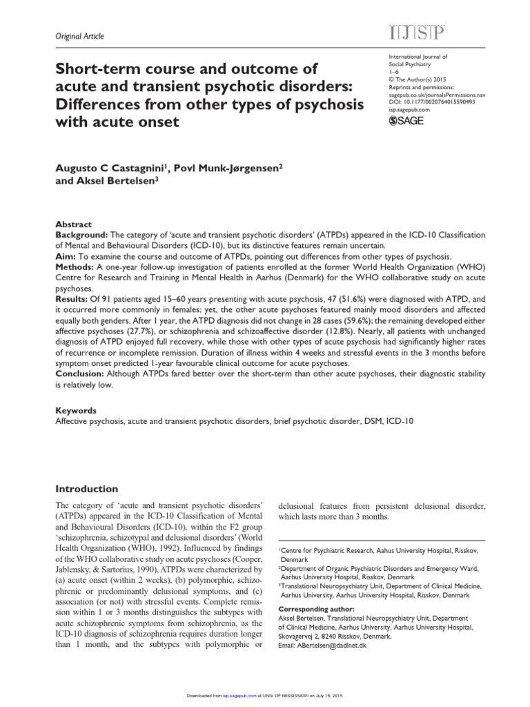 Short-Term Course and Outcome of Acute and Transient Psychotic ...