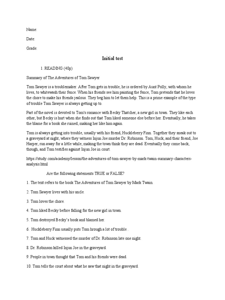 Test Inițial | PDF | The Adventures Of Tom Sawyer | Huckleberry Finn
