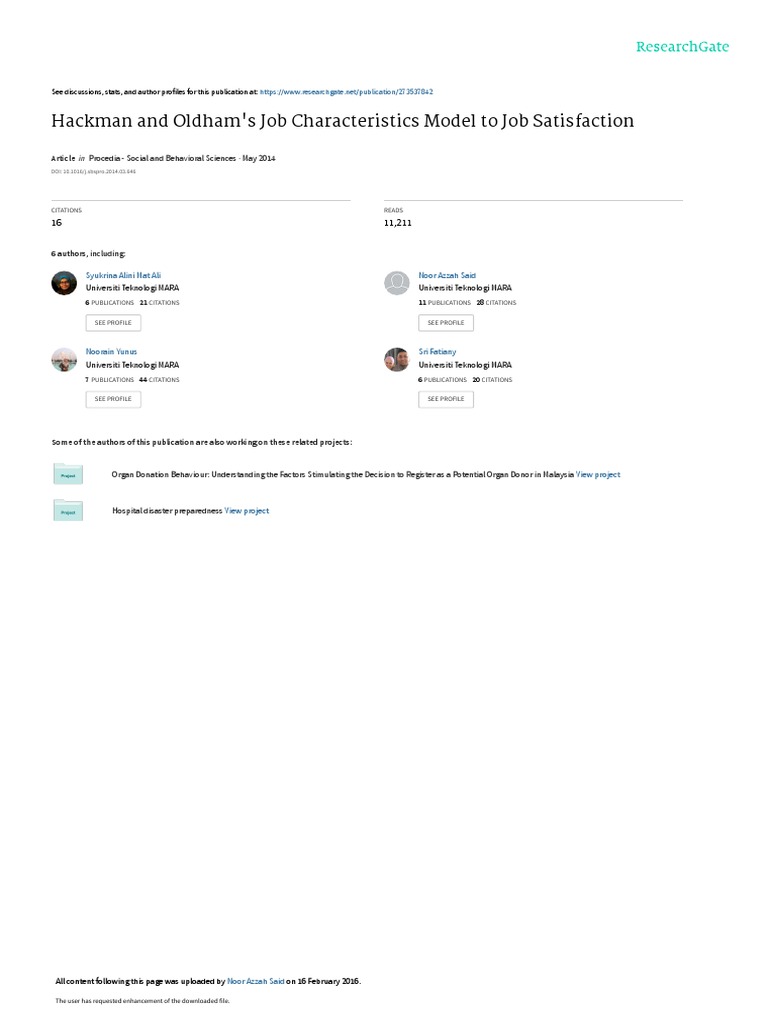 Hackman and Oldham's Job Characteristics Model To Job Satisfaction ...