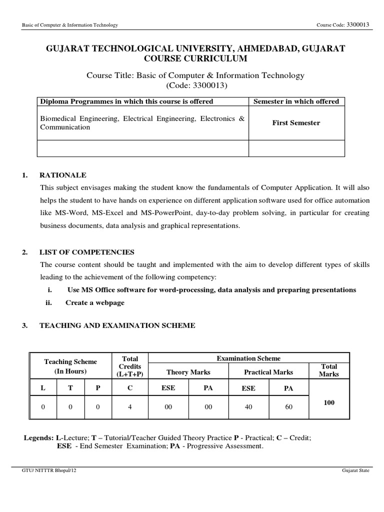 Course Title: Basic of Computer & Information Technology (Code: 3300013 ...