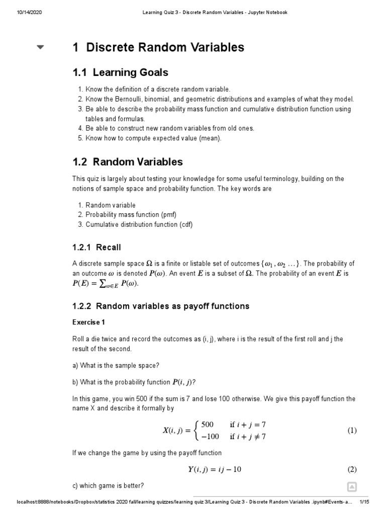 Learning Quiz 3 - Discrete Random Variables - Jupyter Notebook | PDF ...