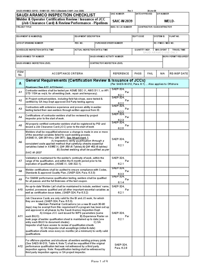 SAIC-W-2039 Welder & Operator Certification Review Issuance of JCC (Job ...