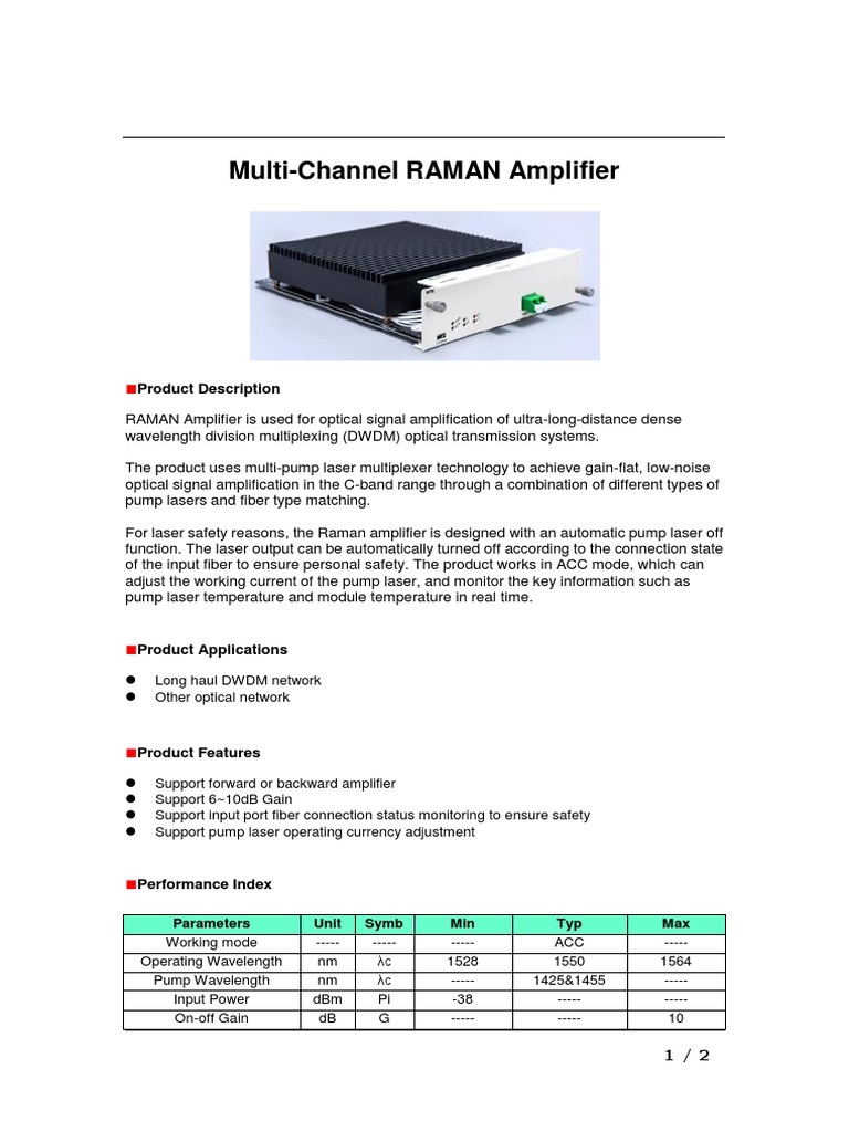 Multi-Channel RAMAN Amplifier: Product Description | PDF | Wavelength ...