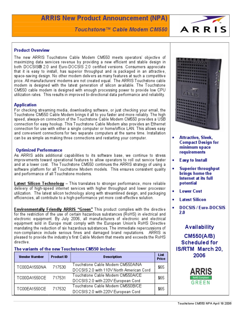 ARRIS New Product Announcement (NPA) : Touchstone™ Cable Modem CM550 | PDF | Modem | Computer ...