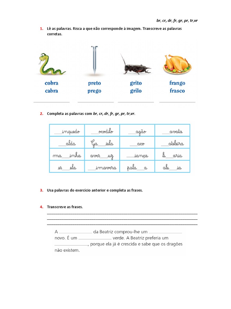 Palavras com br, cr, dr, fr, gr, pr, tr, vr | PDF