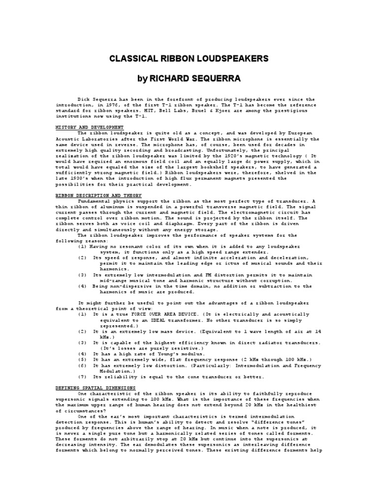 Classical Ribbon Loudspeakers by Richard Sequerra: History and ...