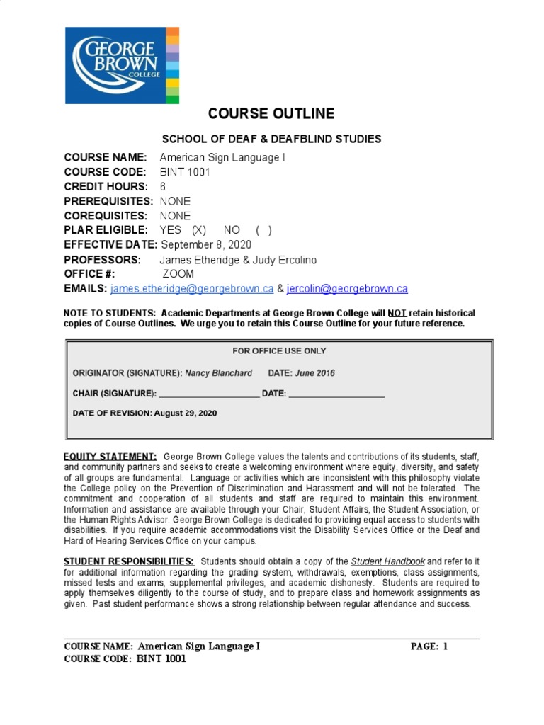 Bint 1001 Asl I Course Outline 2020 Final With Markups | PDF | American ...