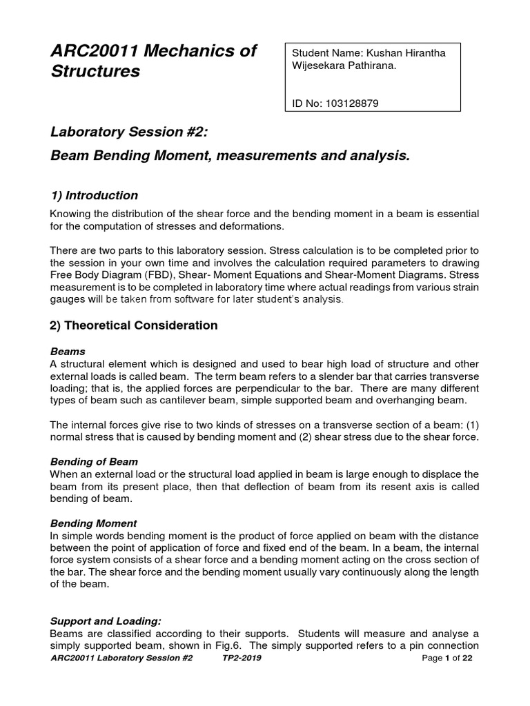 ARC20011 Mechanics of Structures: Laboratory Session #2: Beam Bending ...