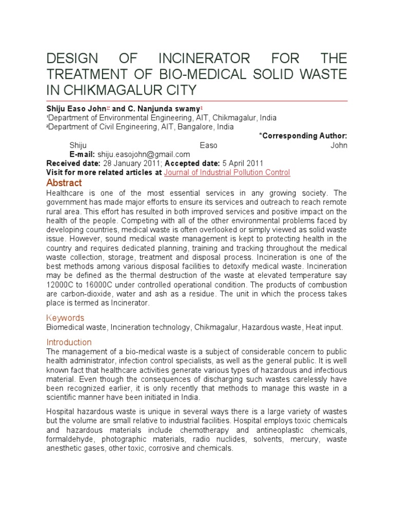 Design of Incinerator For The Treatment of Bio | PDF | Incineration ...