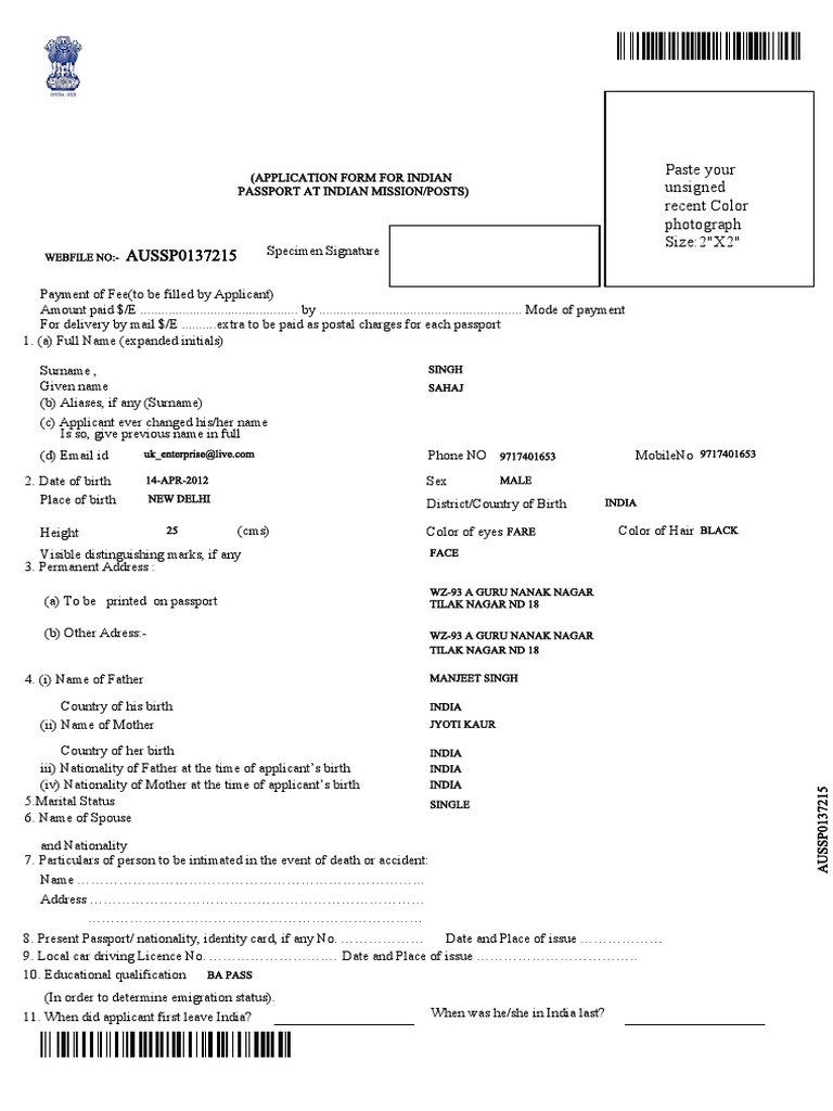 Paste Your Unsigned Recent Color Photograph Size:2"X2": (Application ...