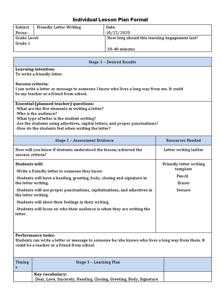 Grade 1 Friendly Letter Writing Plan | PDF | Lesson Plan | Pedagogy
