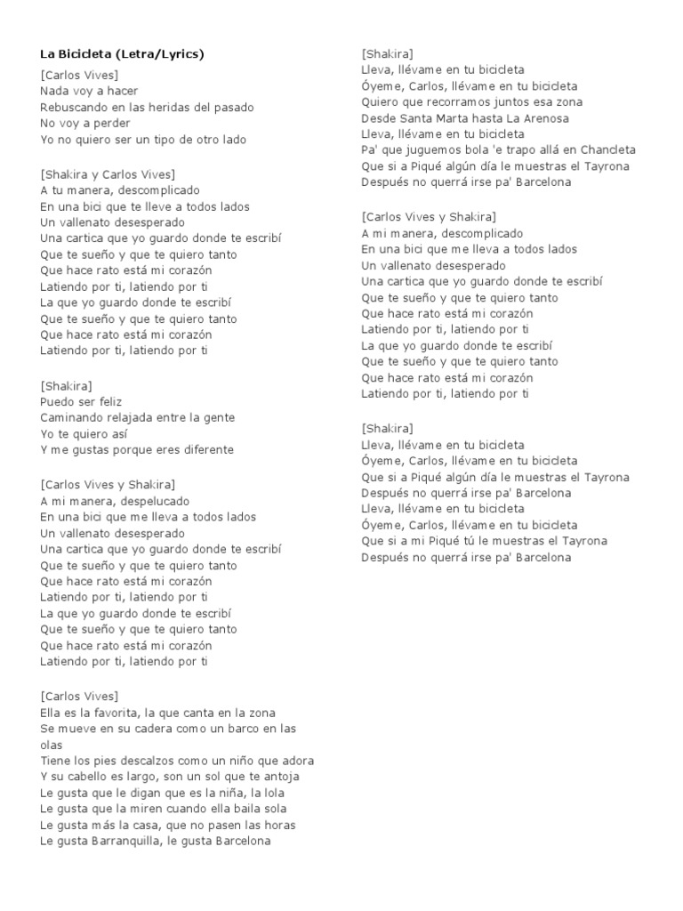Letra de "La Bicicleta" - Shakira y Carlos Vives | PDF ...