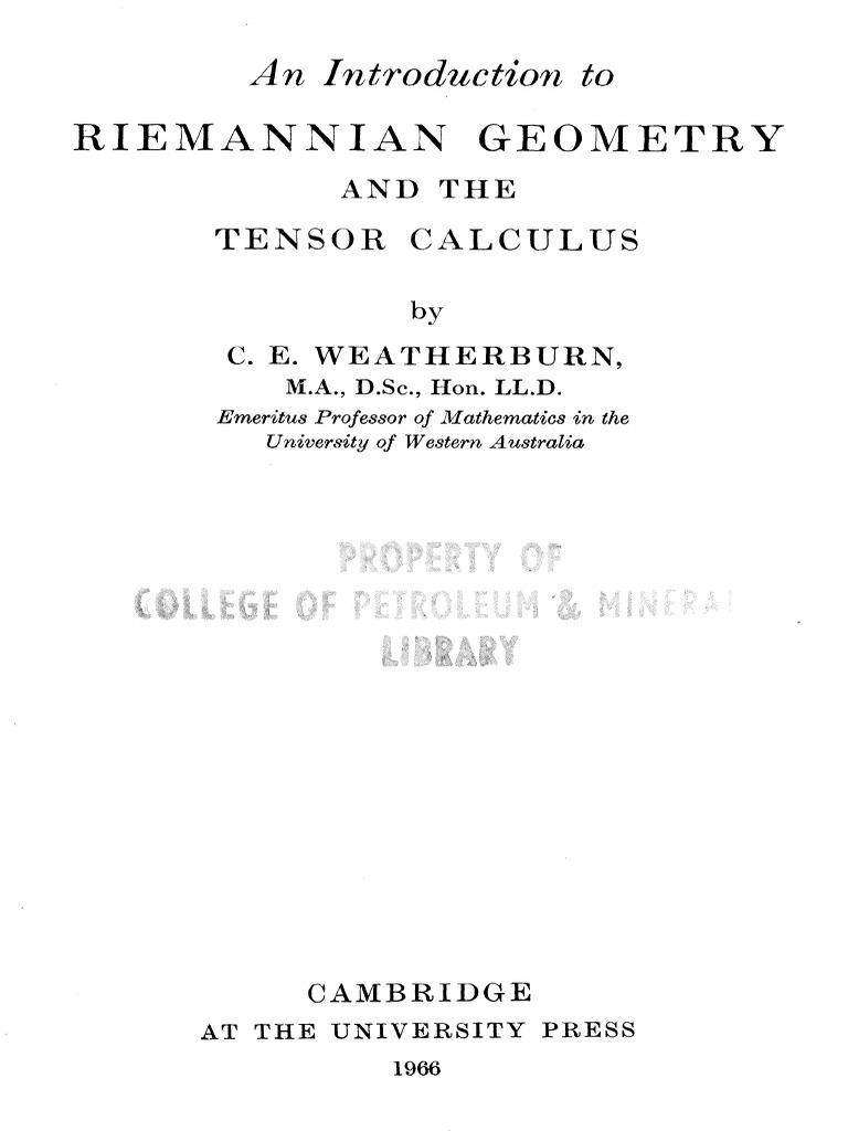 An Introduction To Riemannian Geometry and The Tensor Calculus PDF | PDF