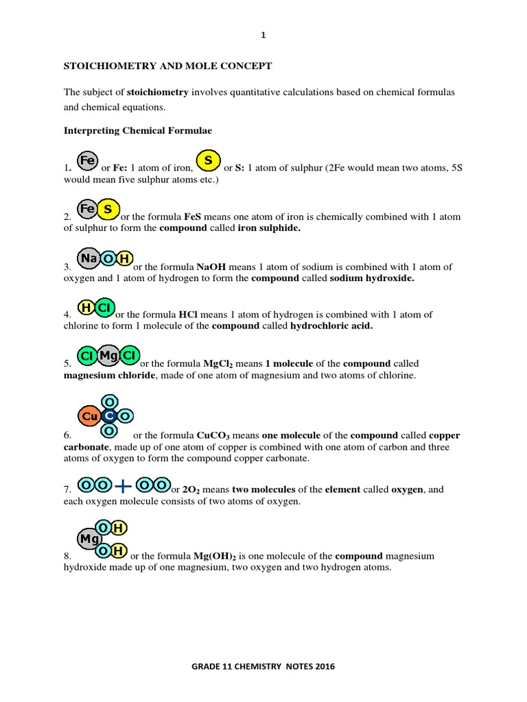 Stoichiometry and Mole Concept: Grade 11 Chemistry Notes 2016 | PDF ...