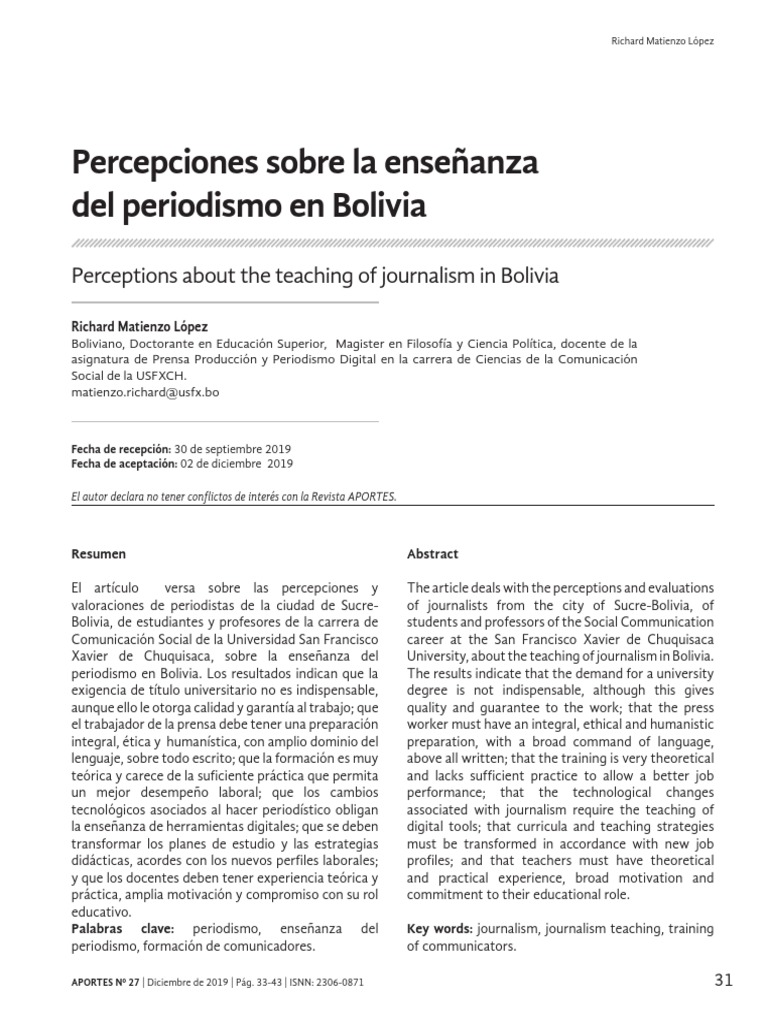 Percepciones Sobre La Enseñanza Del Periodismo en Bolivia Richard ...