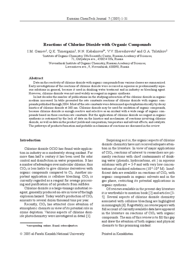 Reactions of Chlorine Dioxide With Organic Compounds | PDF | Chlorine ...