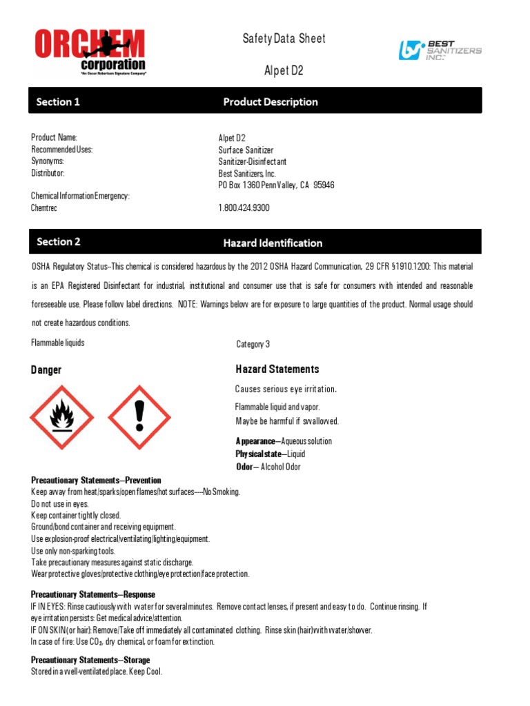 Section 1 Product Description: Safety Data Sheet Alpet D2 | PDF ...