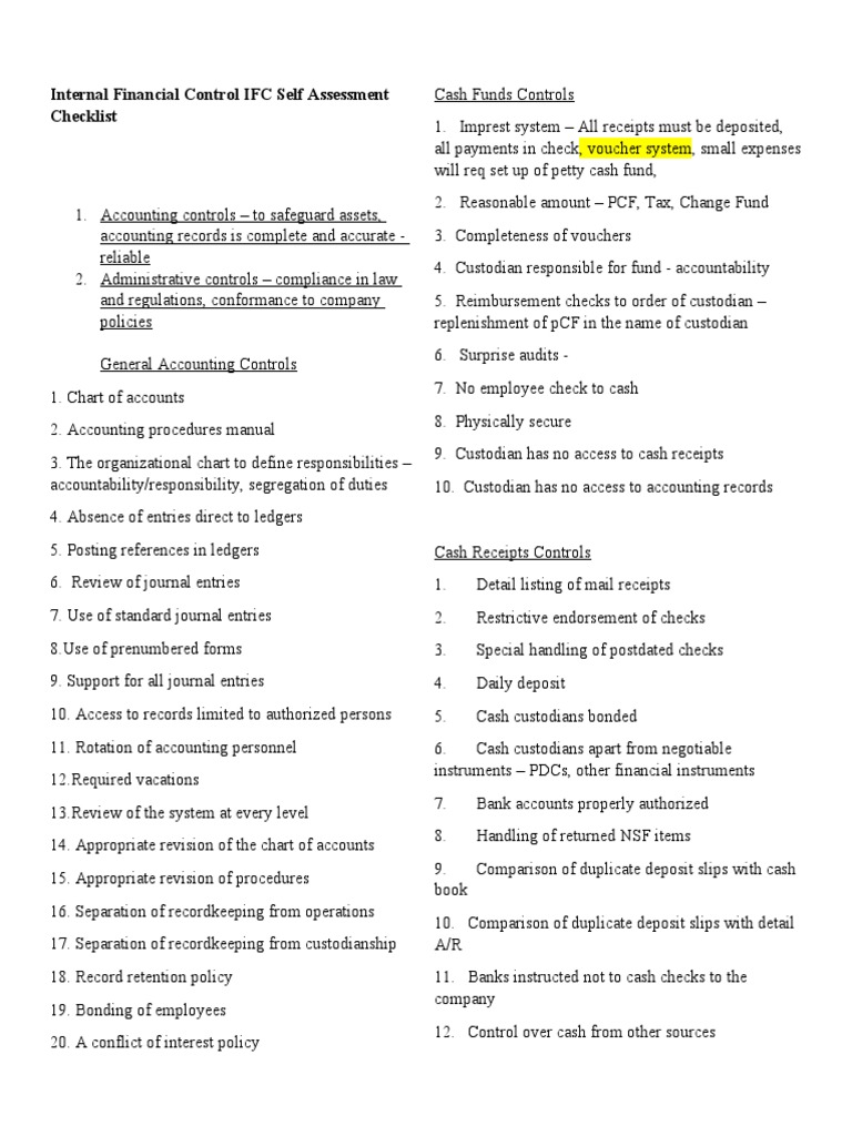 Internal Financial Control IFC Self Assessment Checklist | PDF | Cheque ...