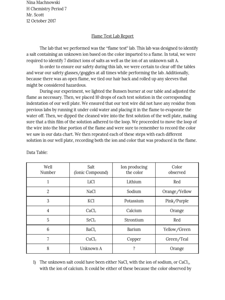 Flame Test Lab Report - Nina Machnowski | PDF | Sodium | Light
