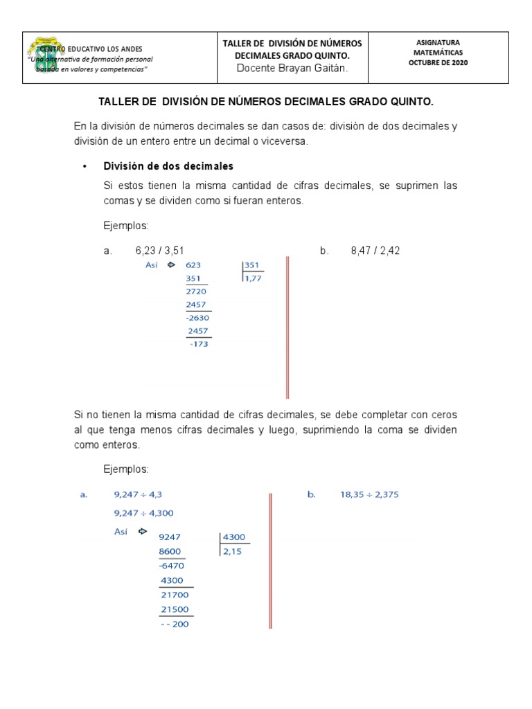 Taller de División de Números Decimales Grado Quinto. | PDF