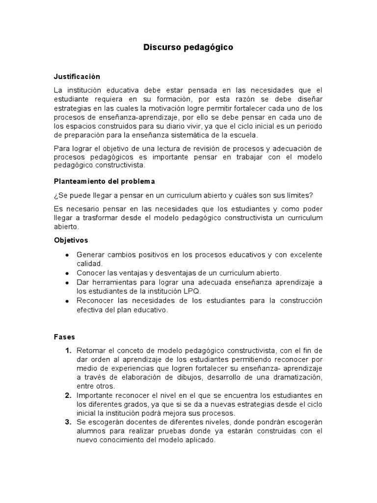 Discurso Pedagógico | PDF | Constructivismo (filosofía de la educación) | Plan de estudios