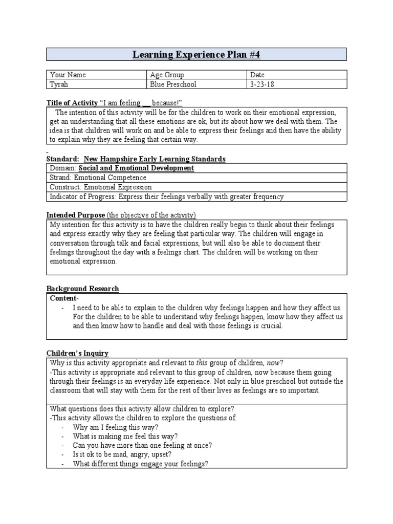Learning Experience Plan #4: Title of Activity | PDF | Feeling ...