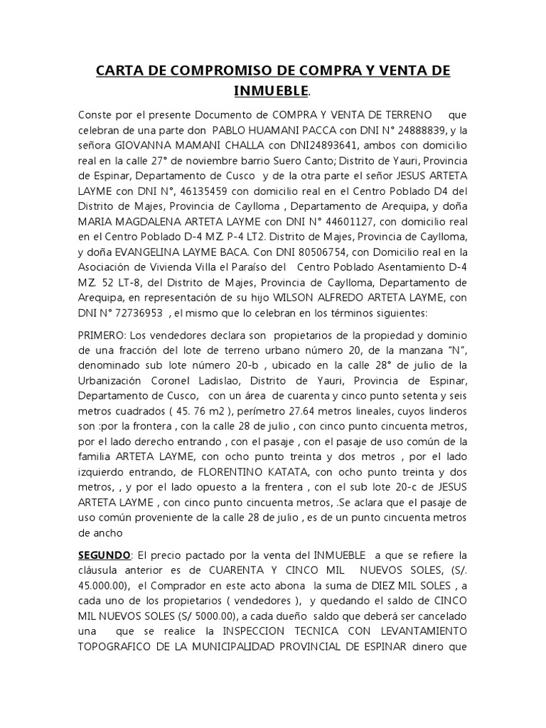 Carta de Compromiso de Compra y Venta de Inmueble | PDF