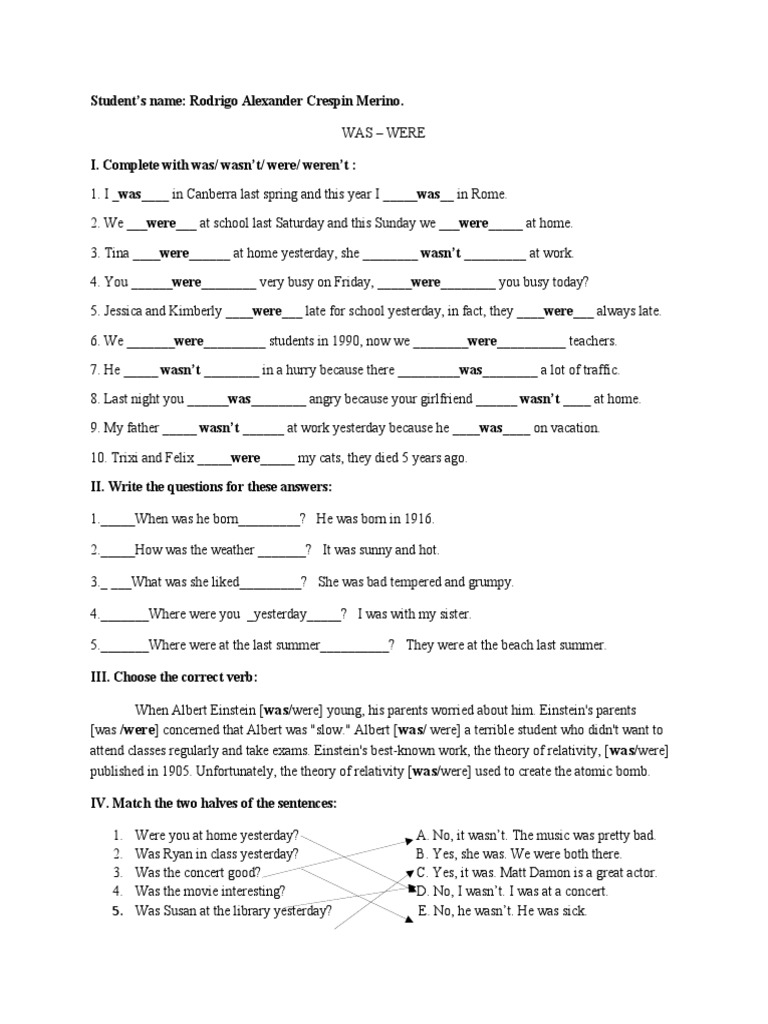 Was Were Worksheet | PDF