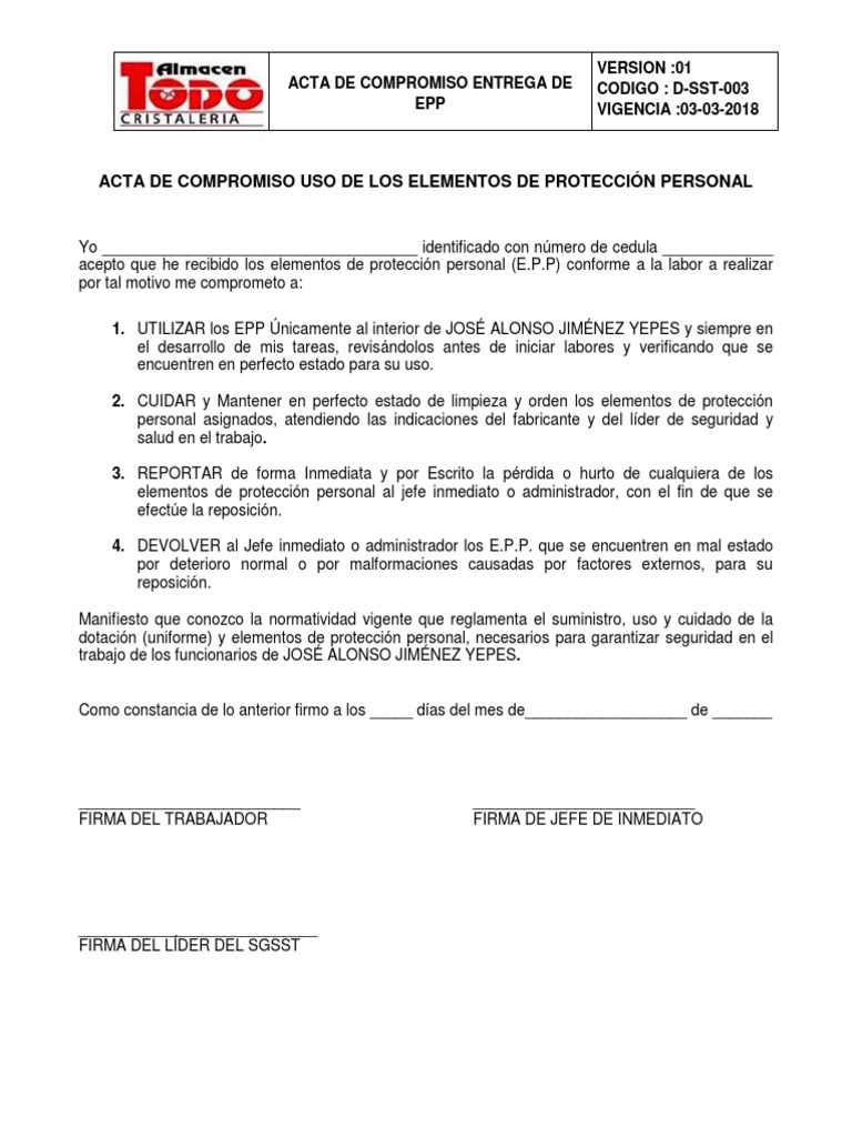D-SST-03 Acta de Compromiso Uso de Epp | PDF