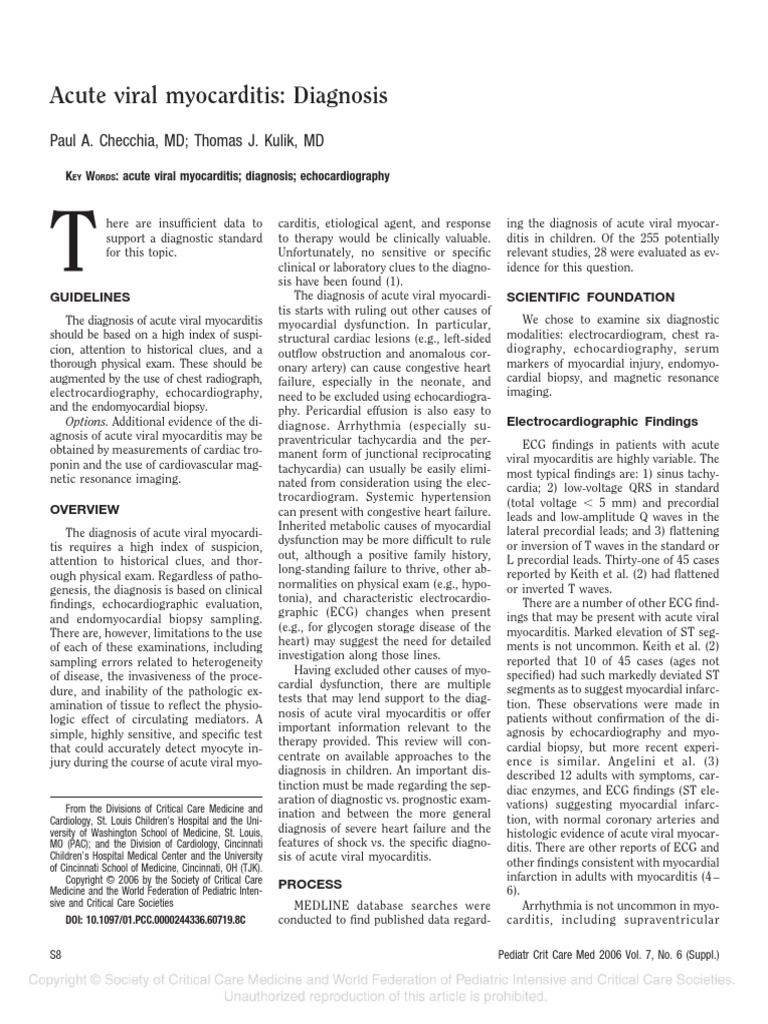 Acute Viral Myocarditis: Diagnosis: Paul A. Checchia, MD Thomas J ...