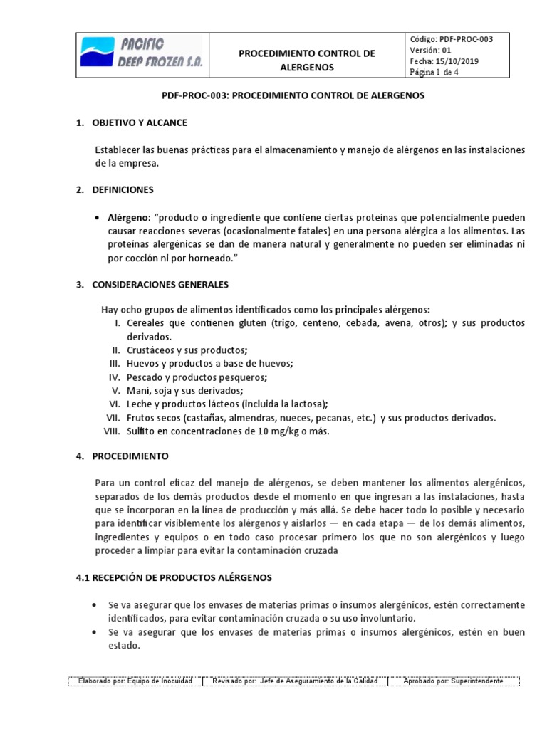 Pdf Proc 003 Control De Alergenos Pdf Análisis De Riesgo Y Puntos