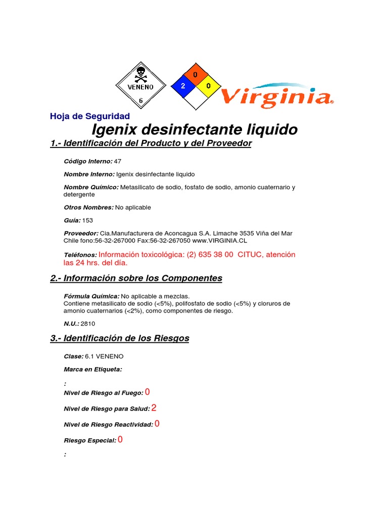 Hoja de Seguridad Igenix Desinfectante Liquido | PDF | Cloro | Toxicidad
