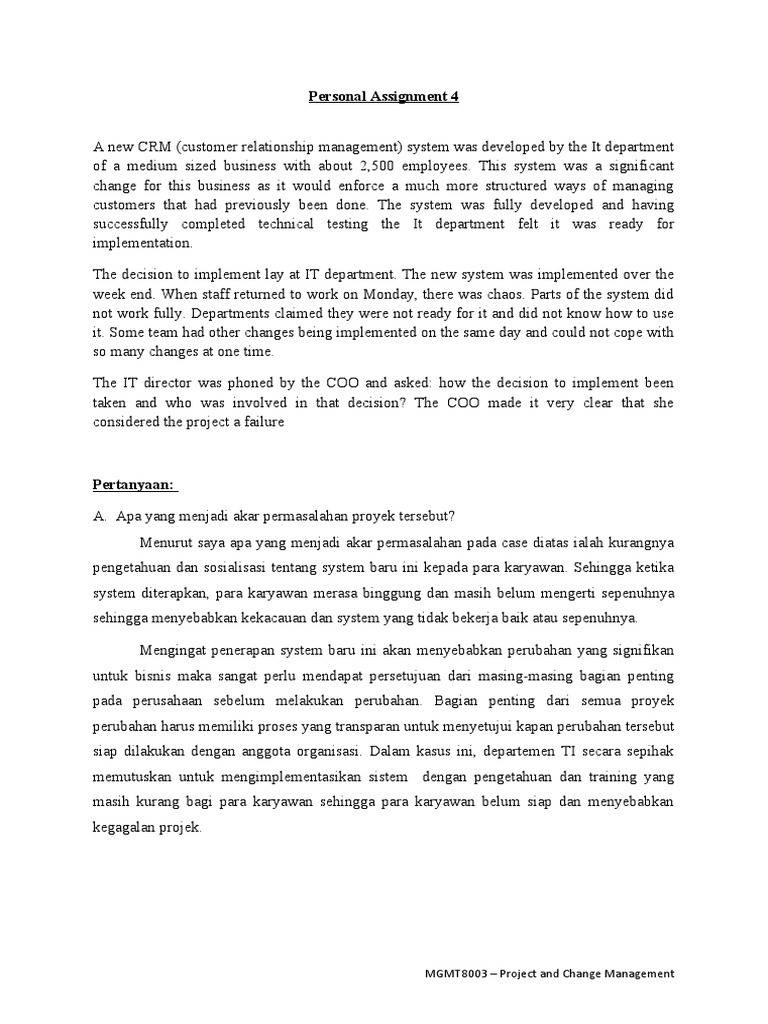 Personal Assignment 4: MGMT8003 - Project and Change Management | PDF