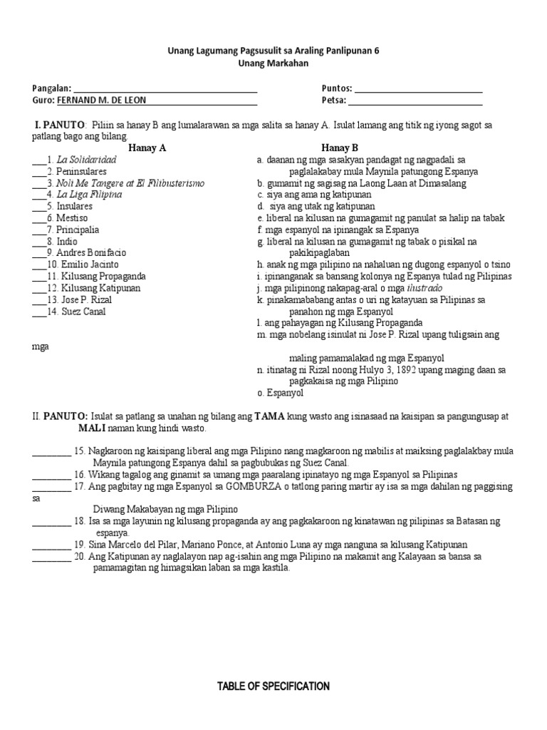 First Summative Test in Ap 6 1ST Quarter | PDF