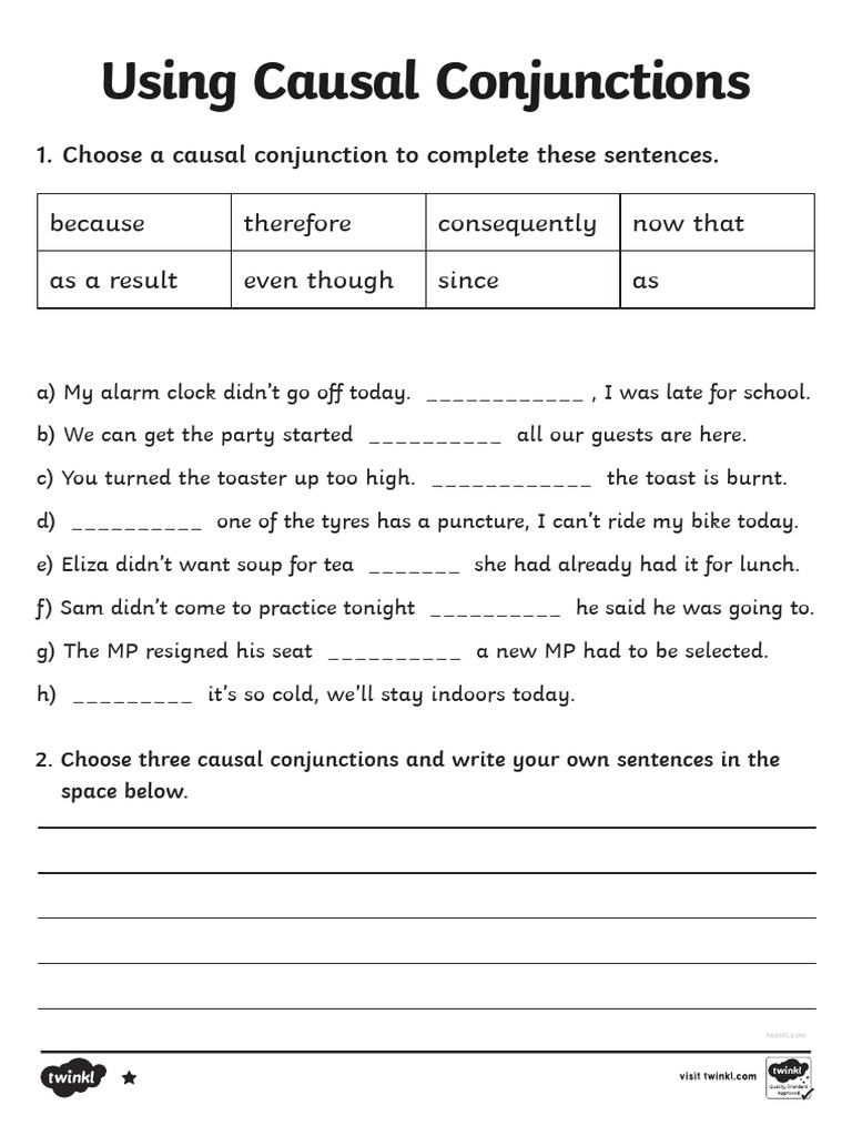 Using Causal Conjunctions Worksheet | PDF