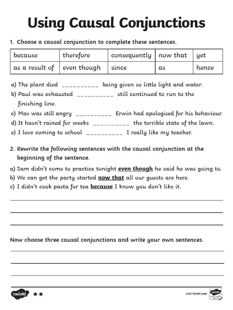 Causal Conjunctions Activity Sheet Middle Ability | PDF | Language Arts ...