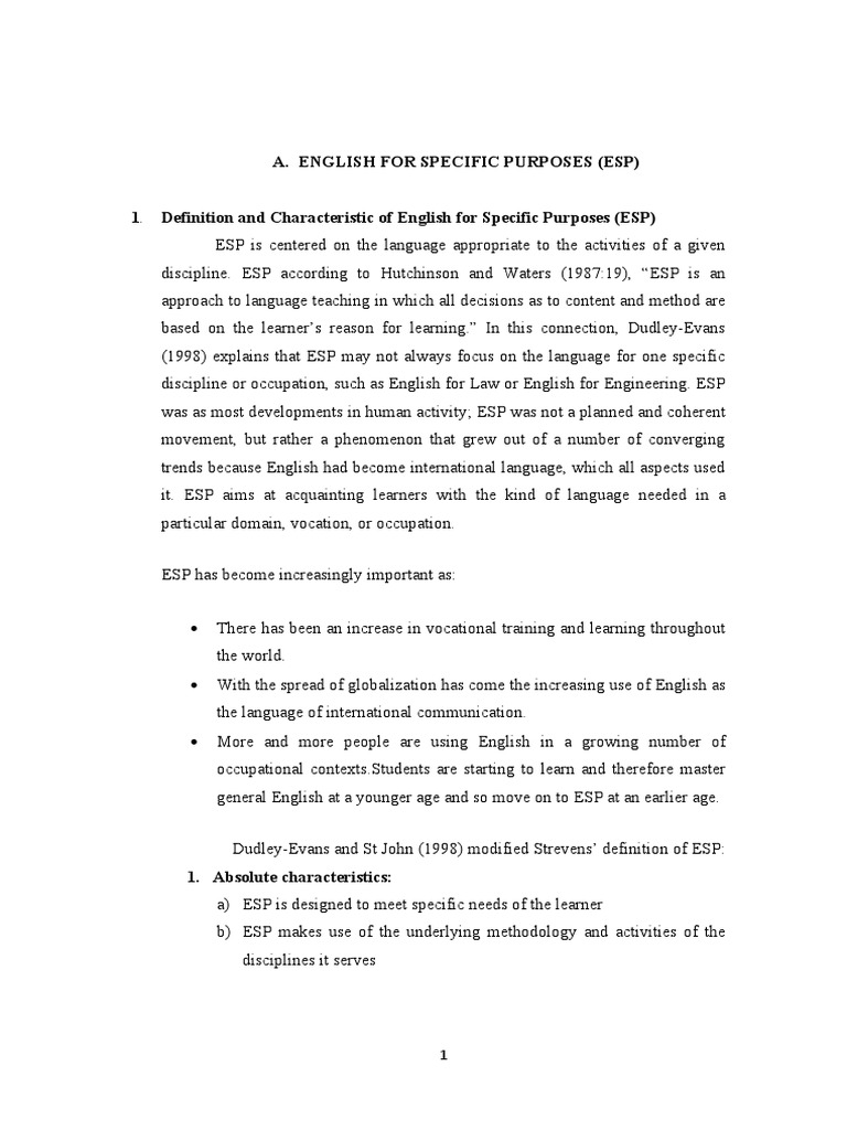 A. English For Specific Purposes (Esp) : Dudley-Evans and ST John (1998 ...