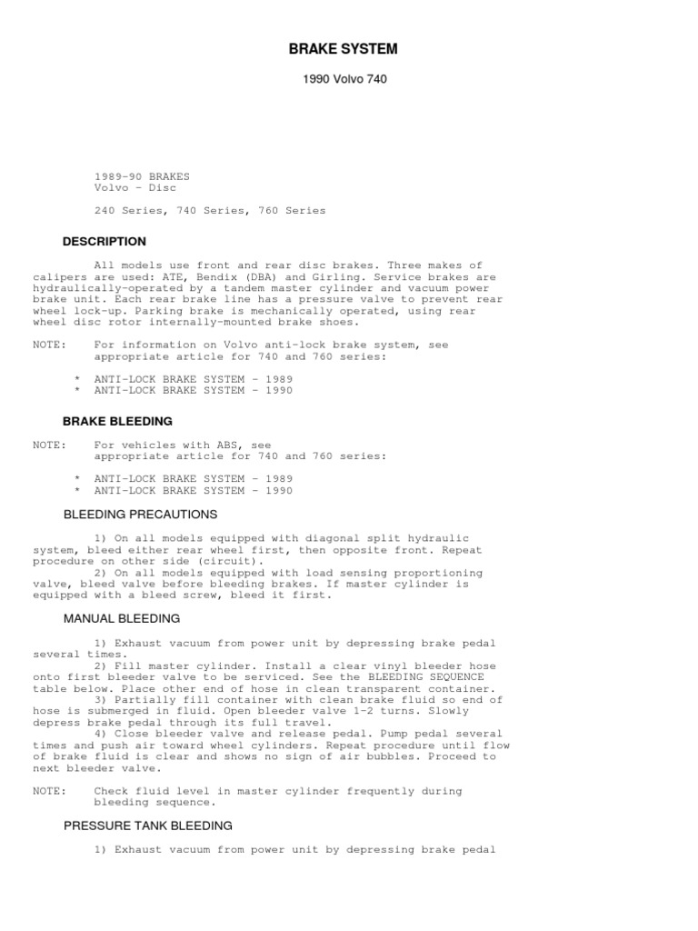 1990 Volvo 740 Brake System Guide | PDF | Brake | Anti Lock Braking System