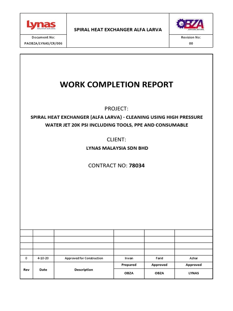 01 COMPLETION REPORT FOR HEAT EXCHANGER (Oct) | PDF | Business | Nature