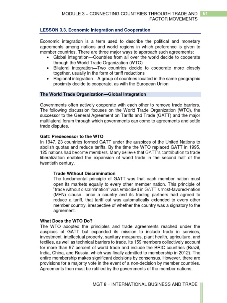 MODULE 3 - Chapter 7 (Economic Integration and Cooperation) PDF | PDF | Most Favoured Nation ...