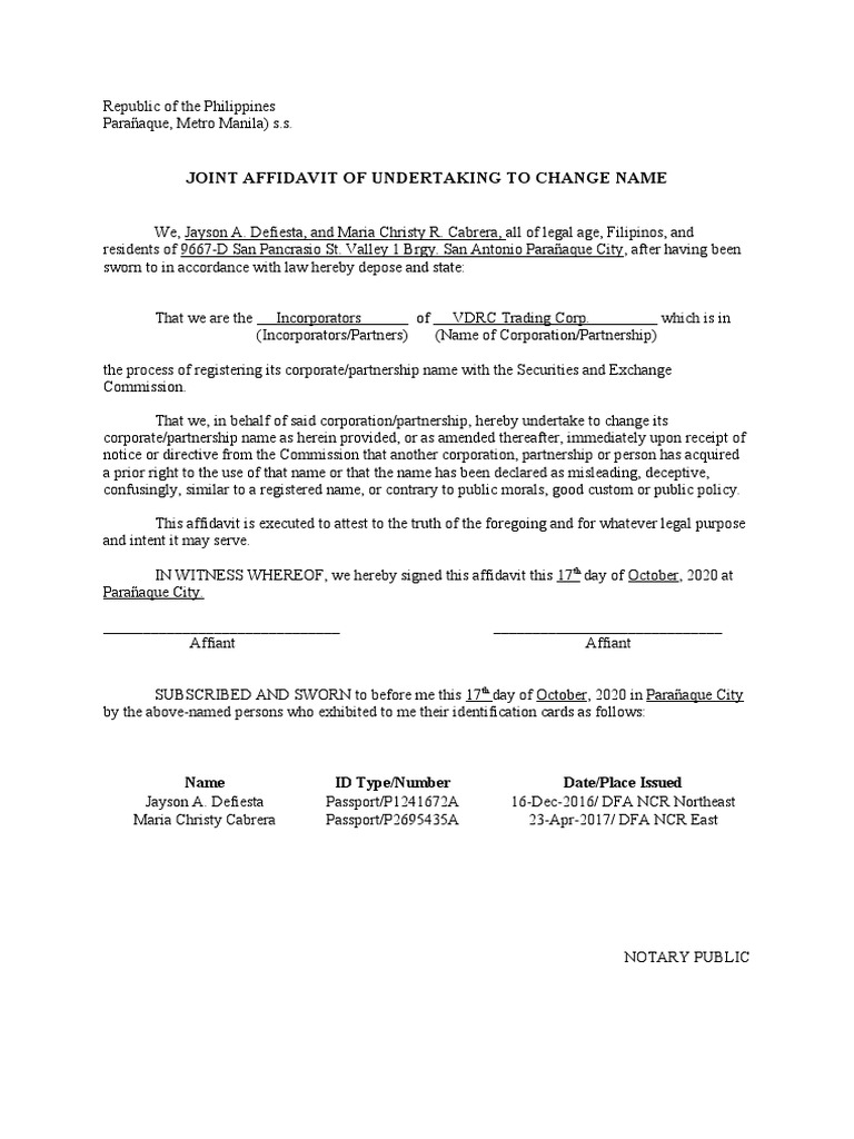 Joint Affidavit of Undertaking To Change Name: Name ID Type/Number Date ...
