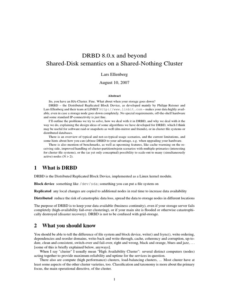 DRBD 8.0.x and Beyond Shared-Disk Semantics On A Shared-Nothing Cluster | PDF | Replication ...